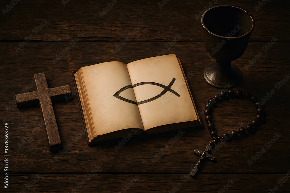Christian Still Life with Bible, Ichthys Fish Symbol, Rosary, Chalice ...