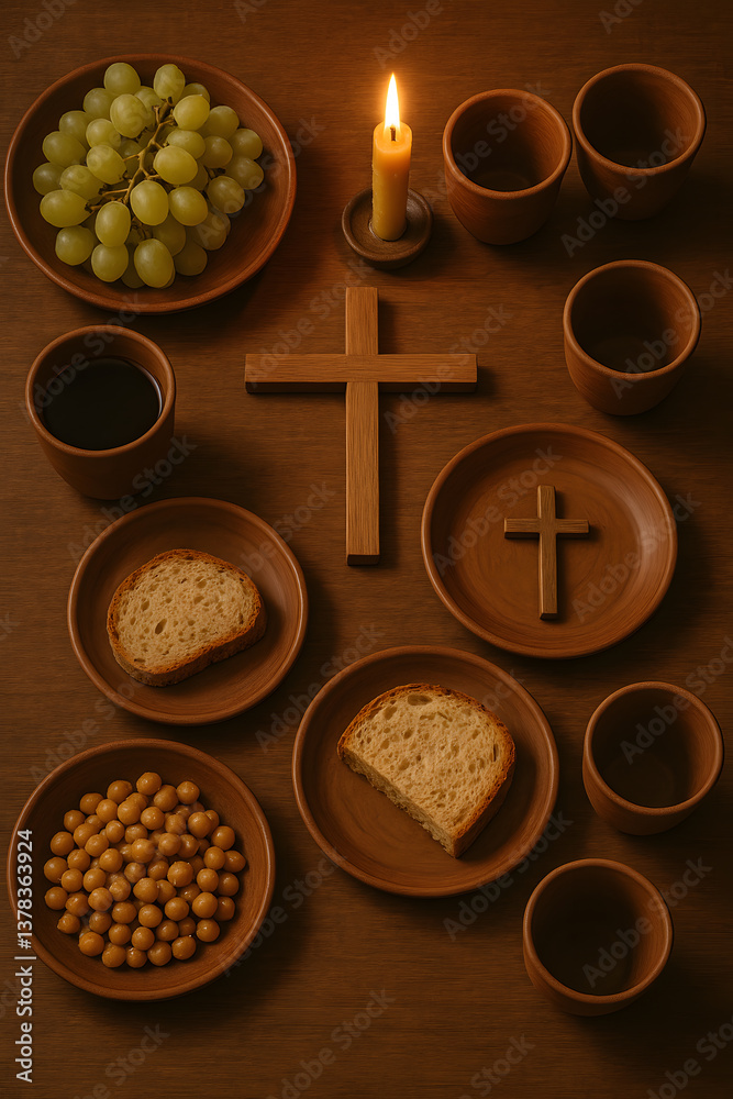 Last Supper Table Setup with Bread, Grapes, Cross and Candle – Christian Passover and Holy ...