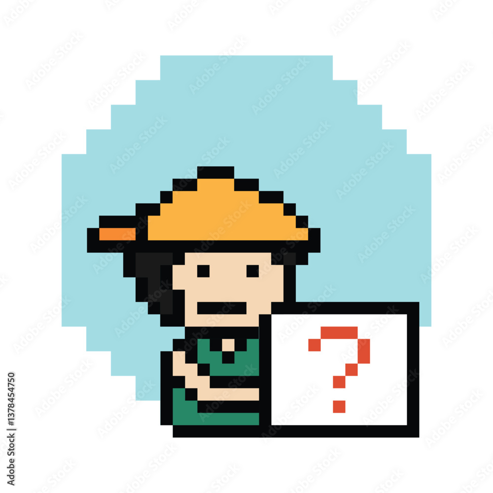 Cute pixel cartoon character man with question mark decoration 8 bit ...