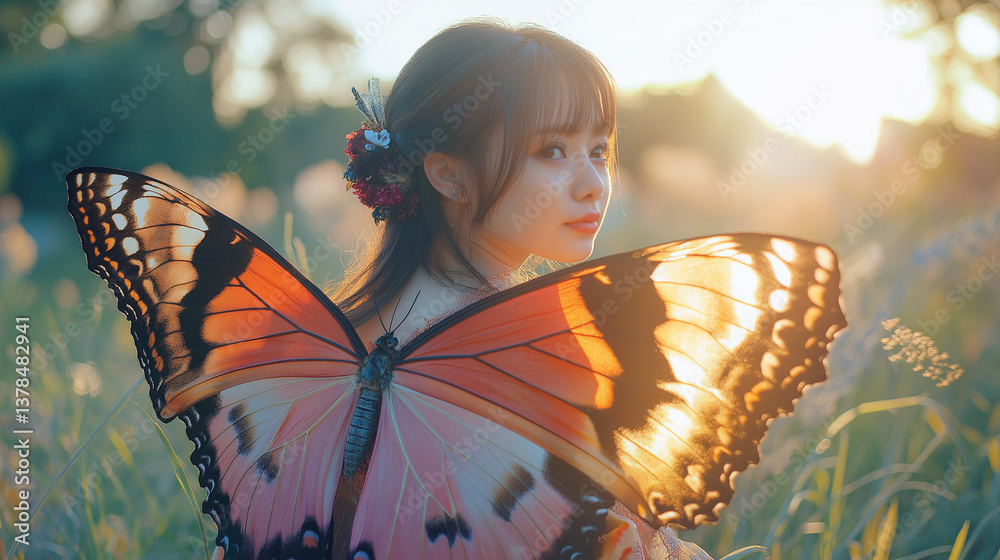 AI generator image of beautiful Asian woman Wearing a butterfly wing ...