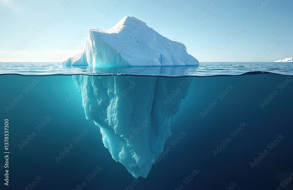Iceberg floats in clear blue ocean water. Underwater view shows hidden ...