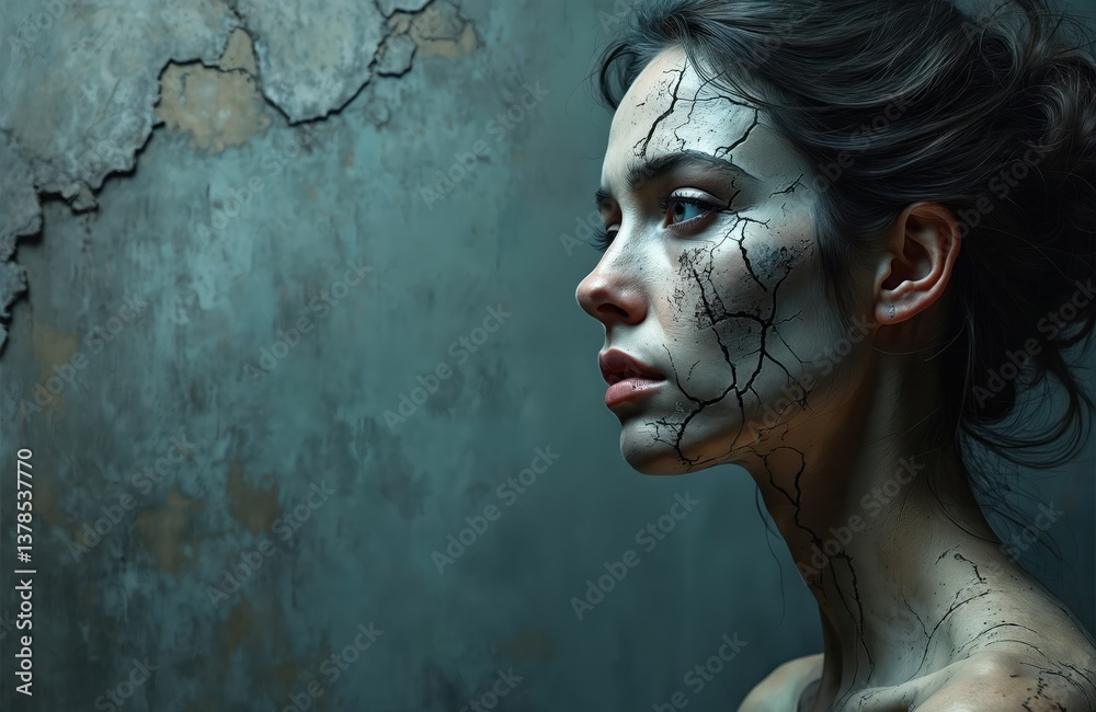 Portrait woman face with cracks. Symbolizes mental health issues like ...