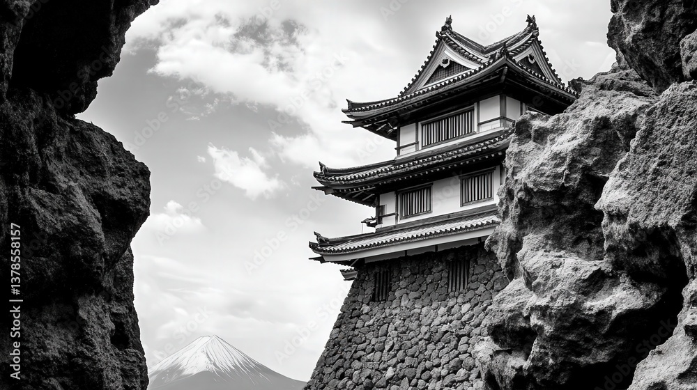 traditional Japanese castle standing proudly against the iconic Mt ...