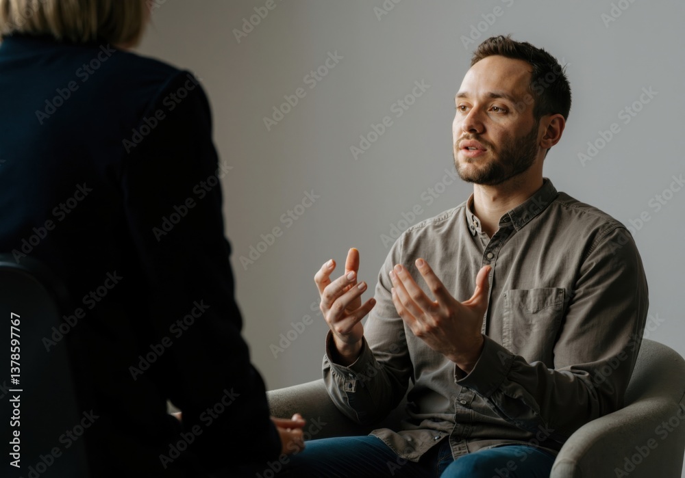 Patient explaining his problems during therapy session with ...