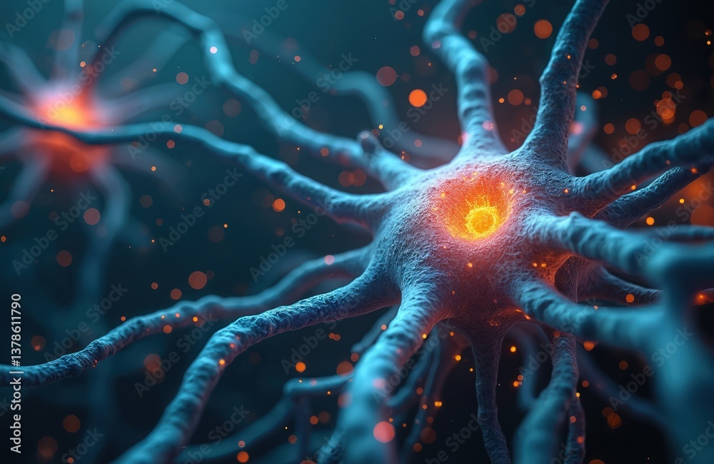 3D rendering of glowing neuron cell with neural network connections. Science, medicine, biology ...