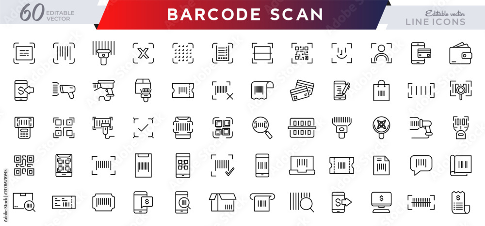 Barcode line icon set. QR code, scan, scan me, payment barcode, scanning process, product, and ...