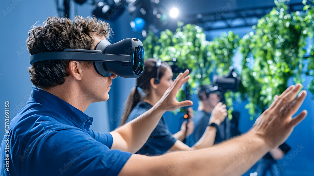 A film director overseeing a VR movie set, with actors and a dynamic ...