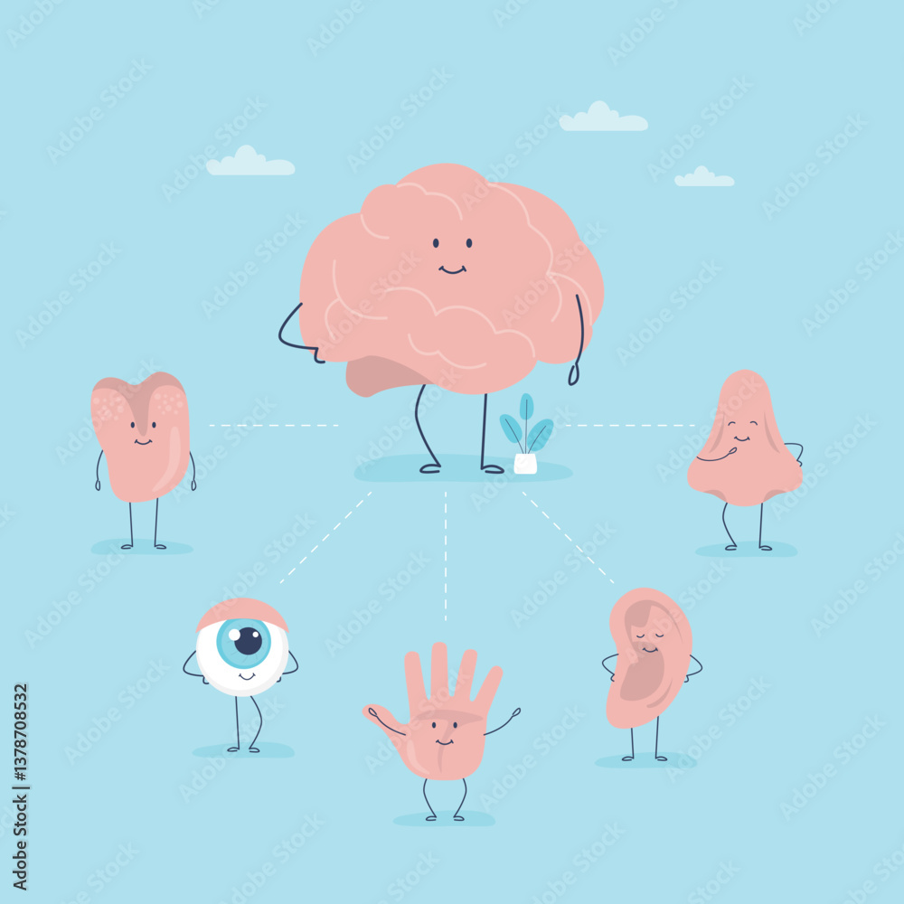 Vector de Stock Brain and 5 Senses, template. Funny human organs ...