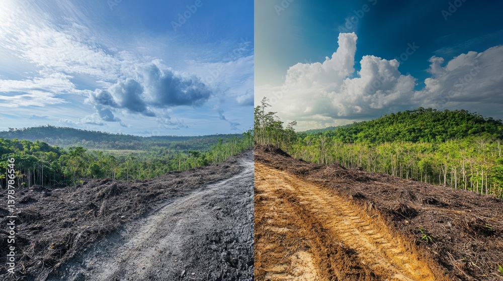Before and after a reforested area, showing the impact of environmental ...