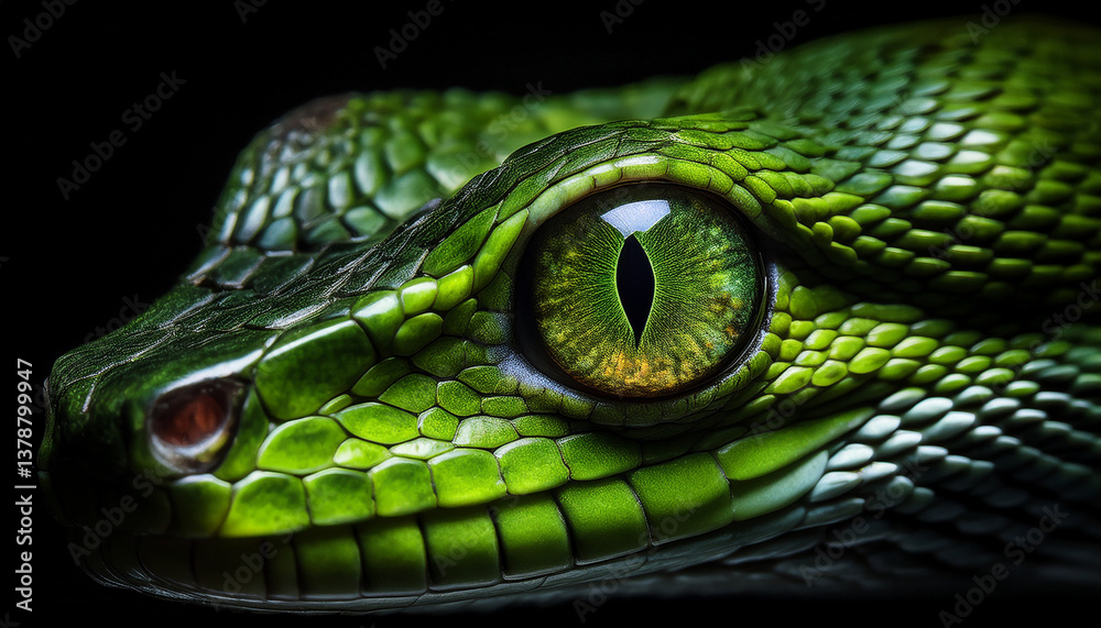 Close up de la cabeza y el ojo de un reptil o serpiente de color verde ...