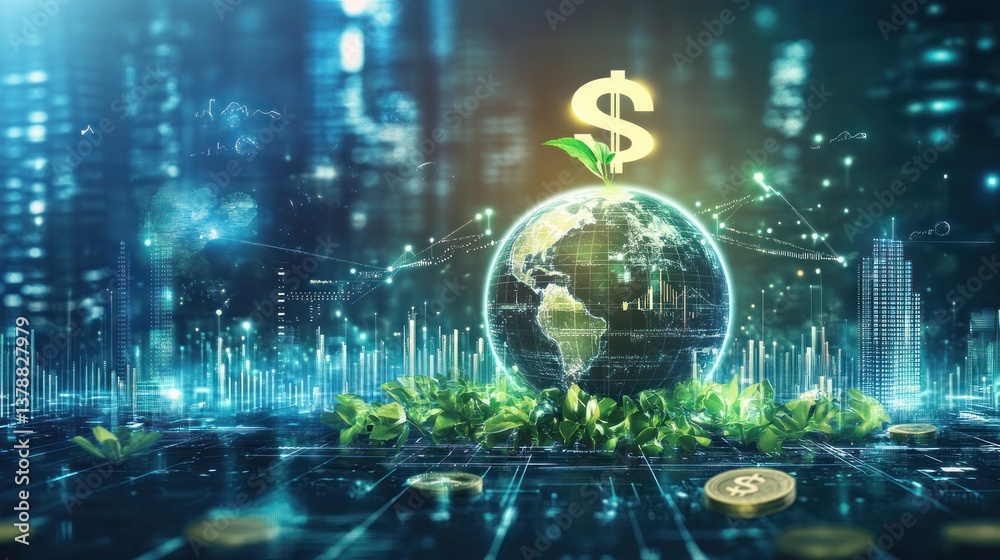 Global finance growth, green economy, data background, sustainable ...