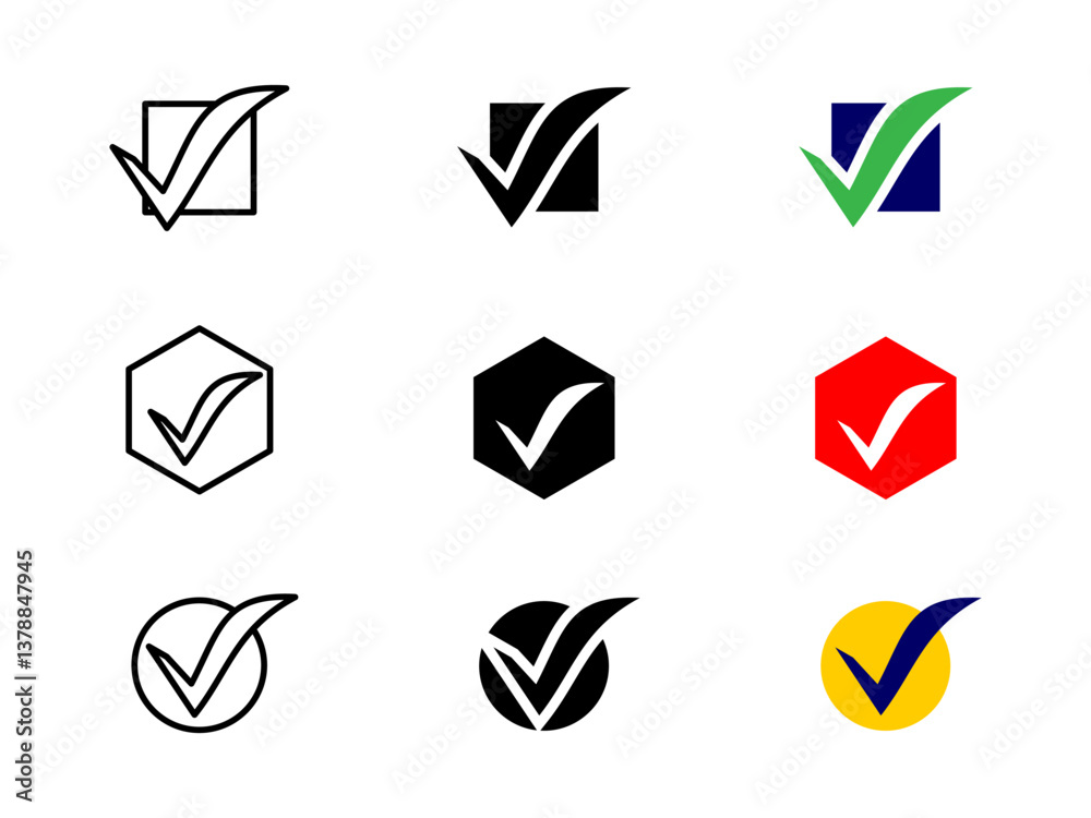 Check mark icon. Stylized tick symbol in different shapes and colors ...