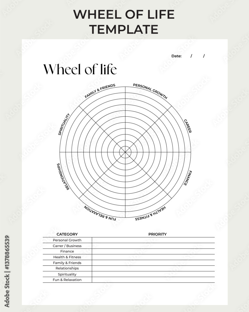 Wheel of life balance. Vector printable template. Coaching tool ...