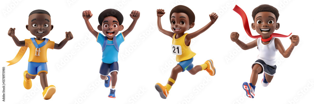 Collection of 3d render in cartoon marathon champion afro american boys ...