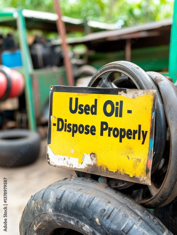 Warning label indicating proper disposal of used oil located at a ...