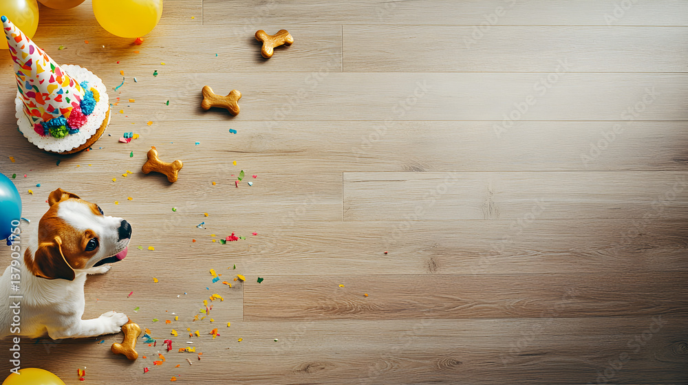 un perro festejando su cumpleaños en un cuarto decorado con confeti ...