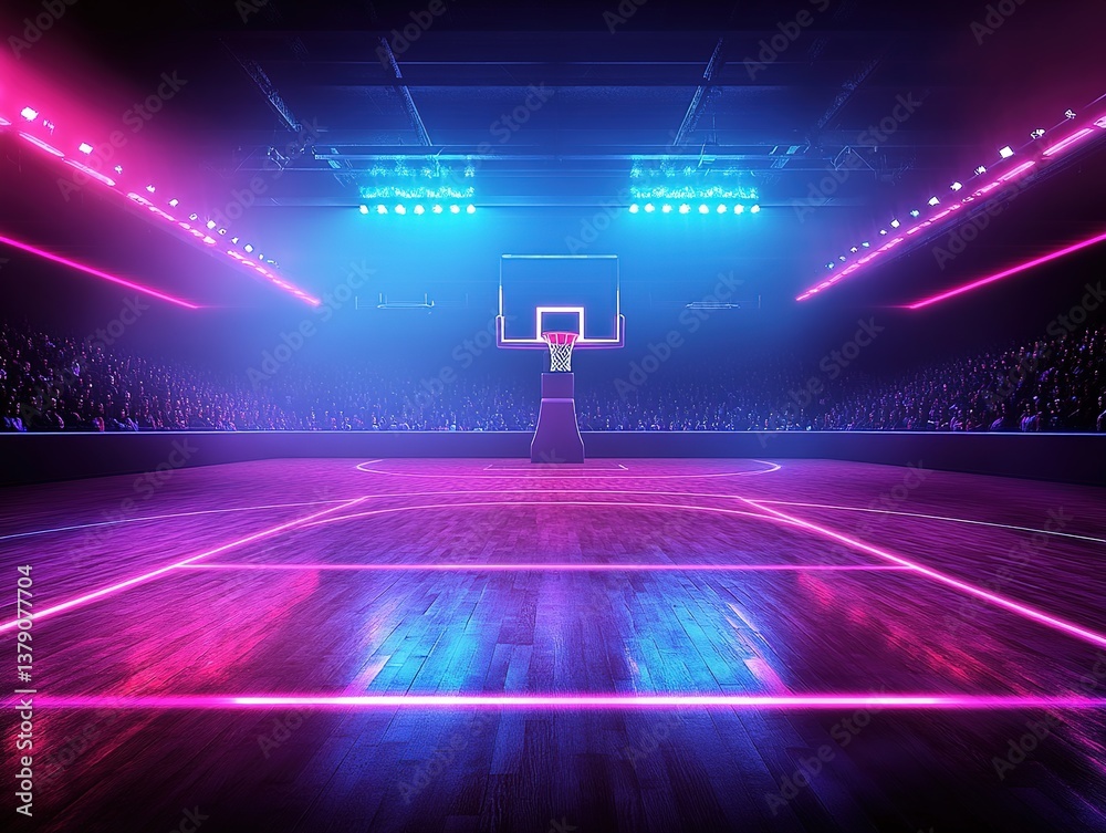 Futuristic pink neon basketball court with glowing lines and hoop ...