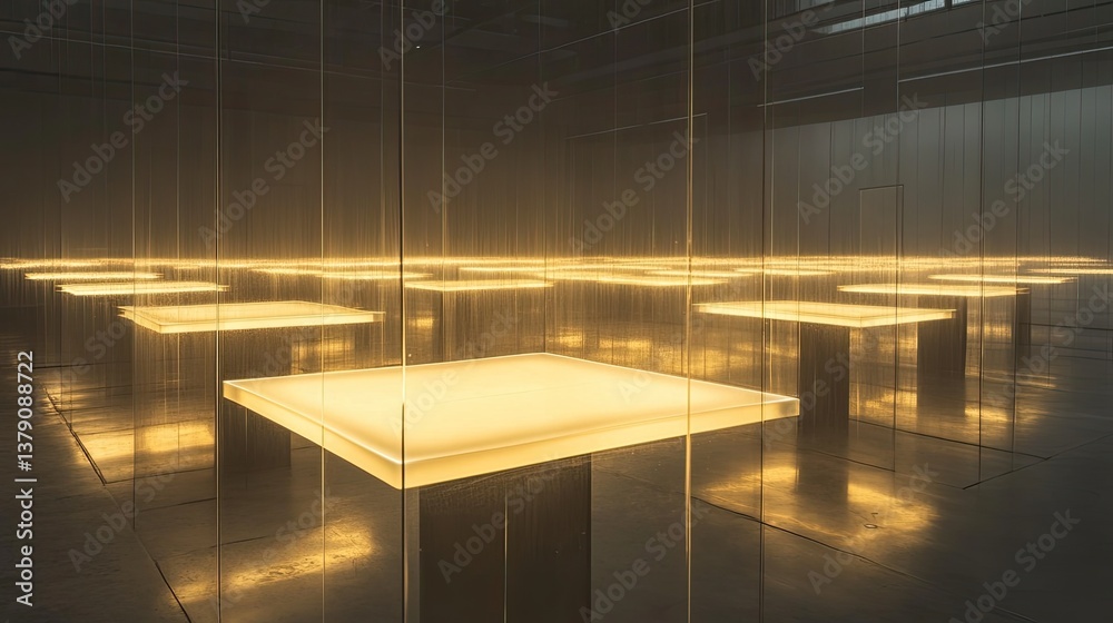 Silhouetted lines of glowing corporate tables mirrored across liminal ...