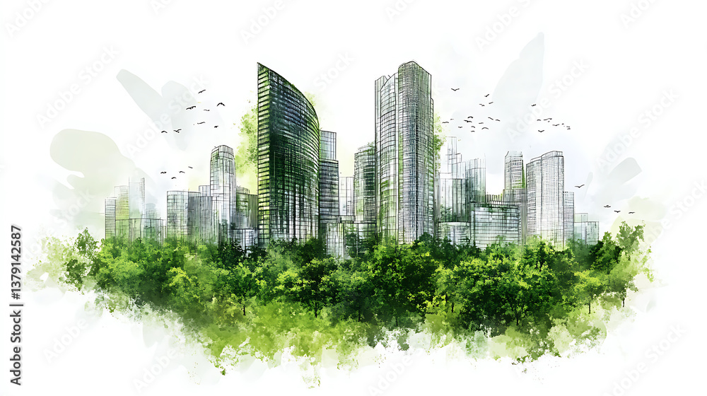 Sketch of an isolated green buildings promoting walkability and clean ...