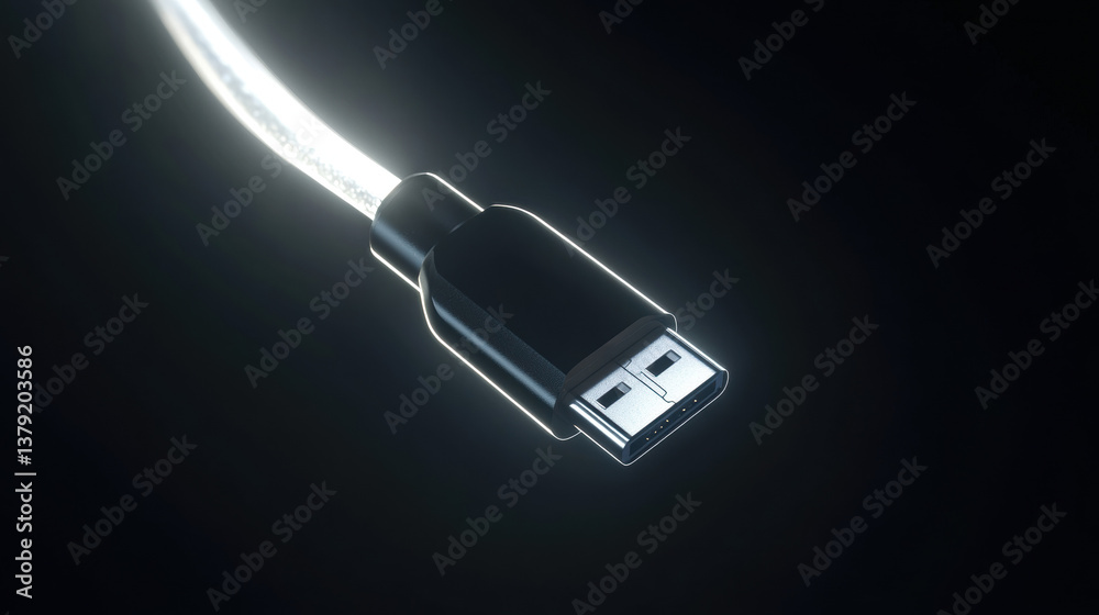 glowing USB type C connector, floating against a deep black background ...