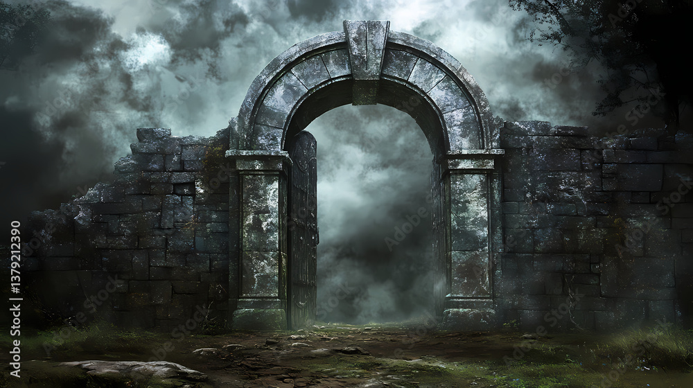 Ancient stone gates marred with the scars of time, opening into a realm ...