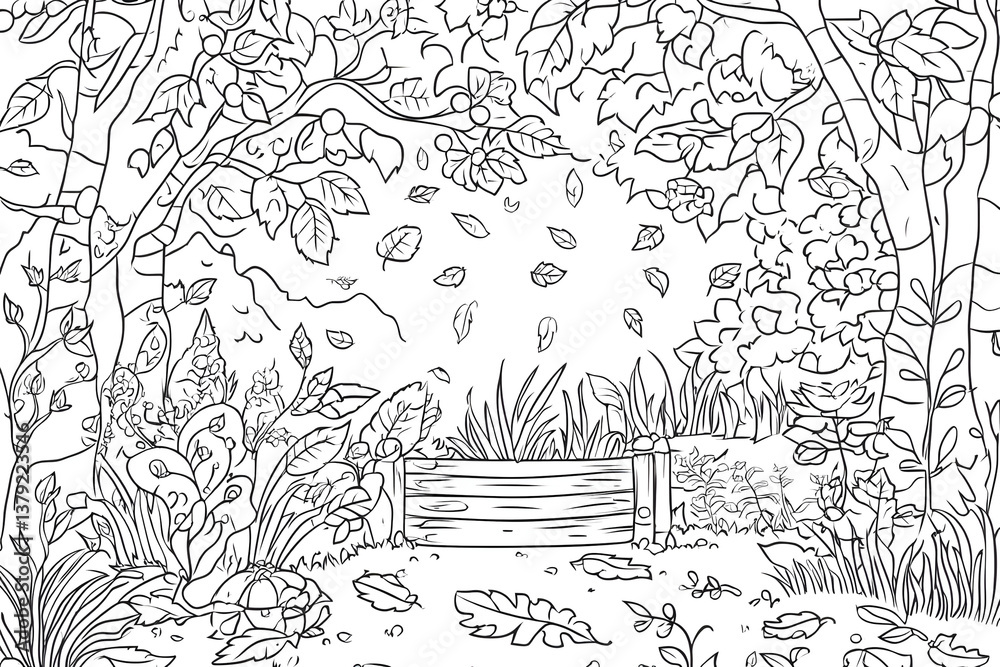 Autumn Garden Coloring Page for Kids Stock Illustration | Adobe Stock