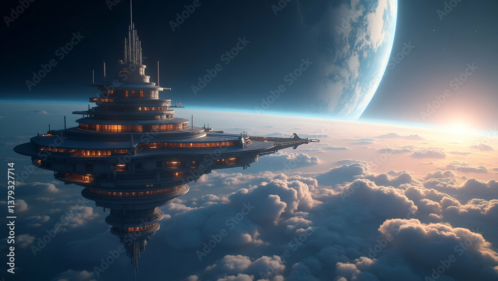 Present an elegant wallpaper design capturing future space habitats ...