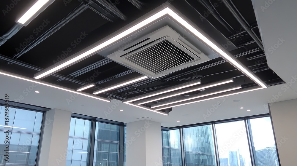 A ceiling cassette air conditioning system installed in a commercial ...