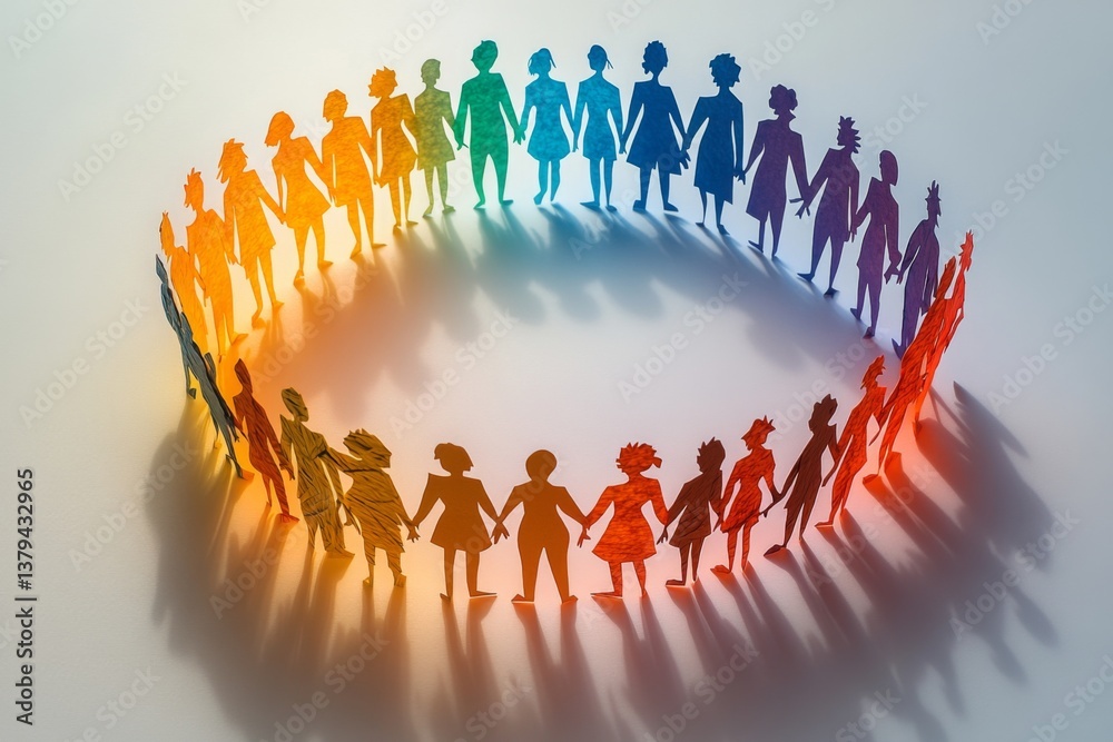 Colorful paper cutout people holding hands in unity circle on pastel background Stock Photo ...