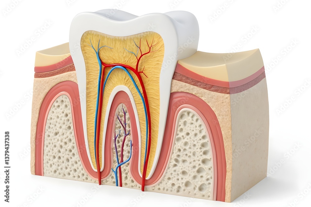 3D medical illustration of a cross-section of a human molar tooth. The ...