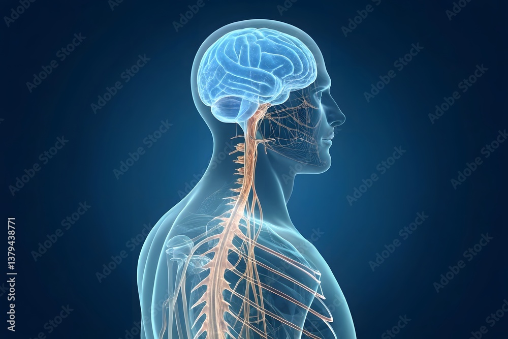 3D medical illustration of a human head and upper torso from a rear ...