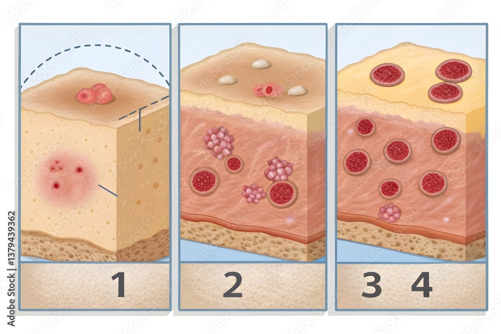 4-panel medical illustration depicting the stages of wound healing in ...