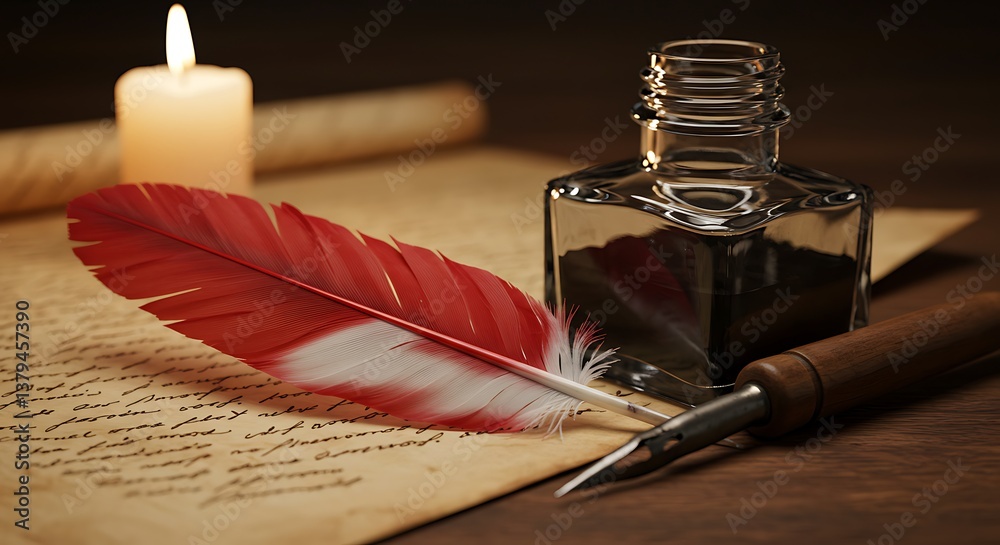 Writing with Quill and Inkwell Under Candle Light in Vintage Style ...