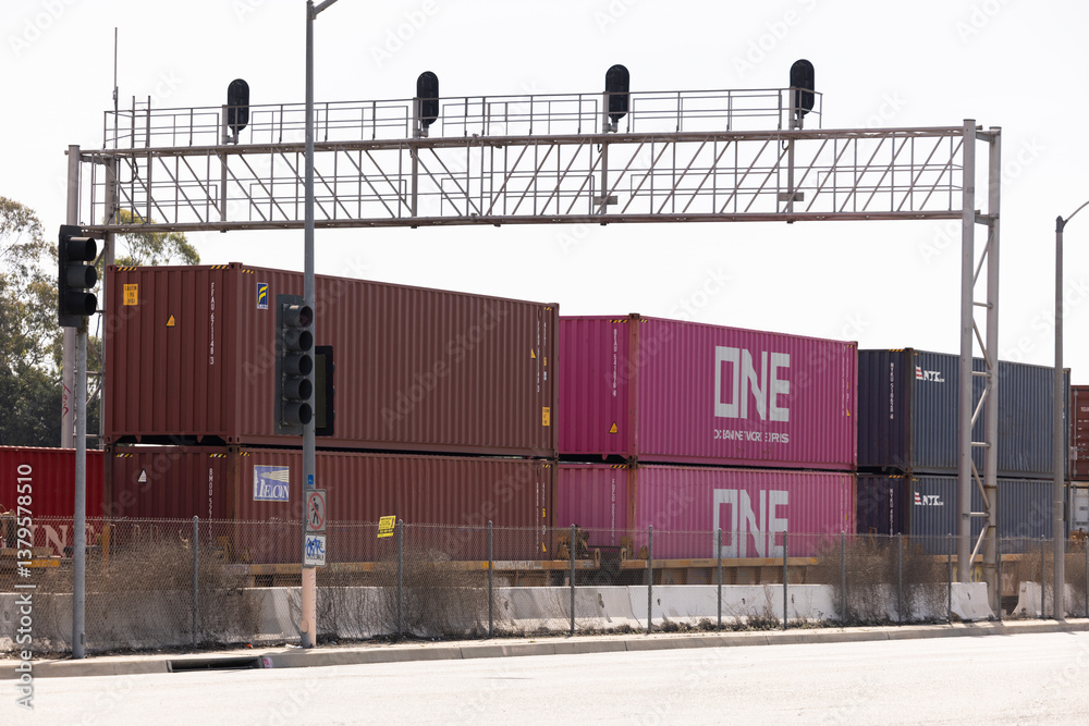Compton, California, USA - April 2, 2025: An intermodal stack freight train loaded with ...