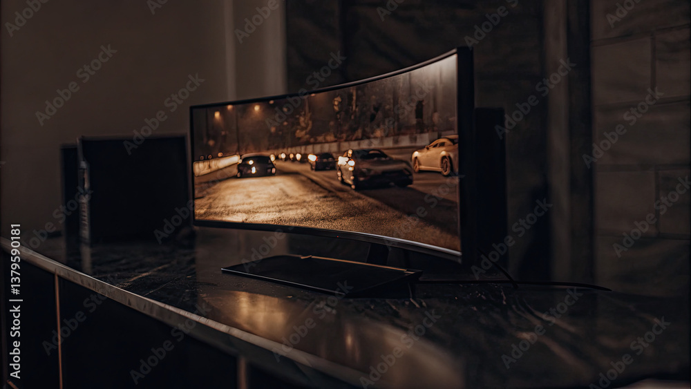 Ultra-wide curved gaming monitor with dynamic RGB lighting displaying ...