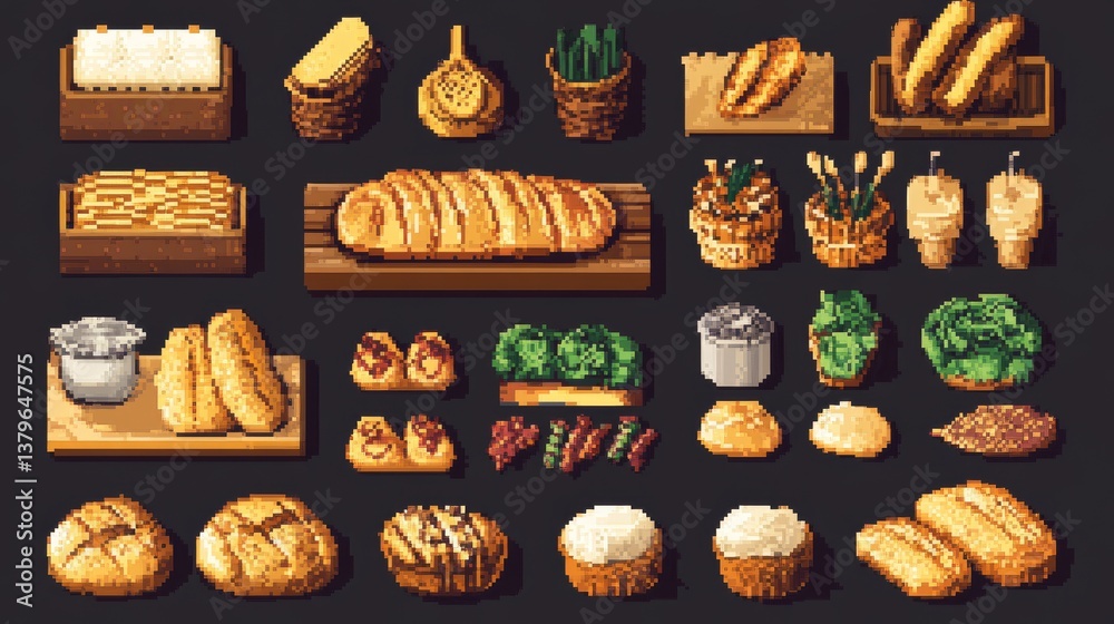 8bit bakery sprites, pixel perfect bread designs, retro gaming style ...