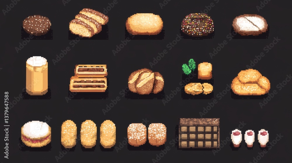 8bit bakery sprites, pixel perfect bread designs, retro gaming style ...