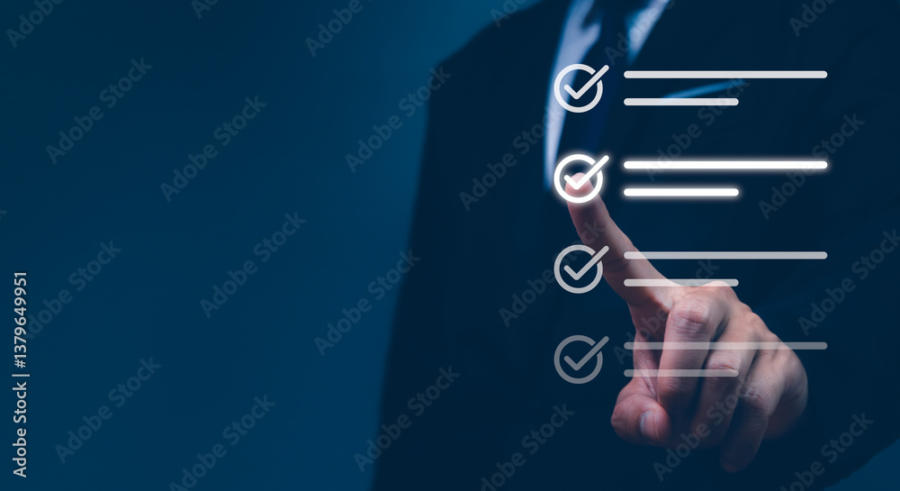 Checklist concept, Businessman mark checkboxes, Survey form, check ...