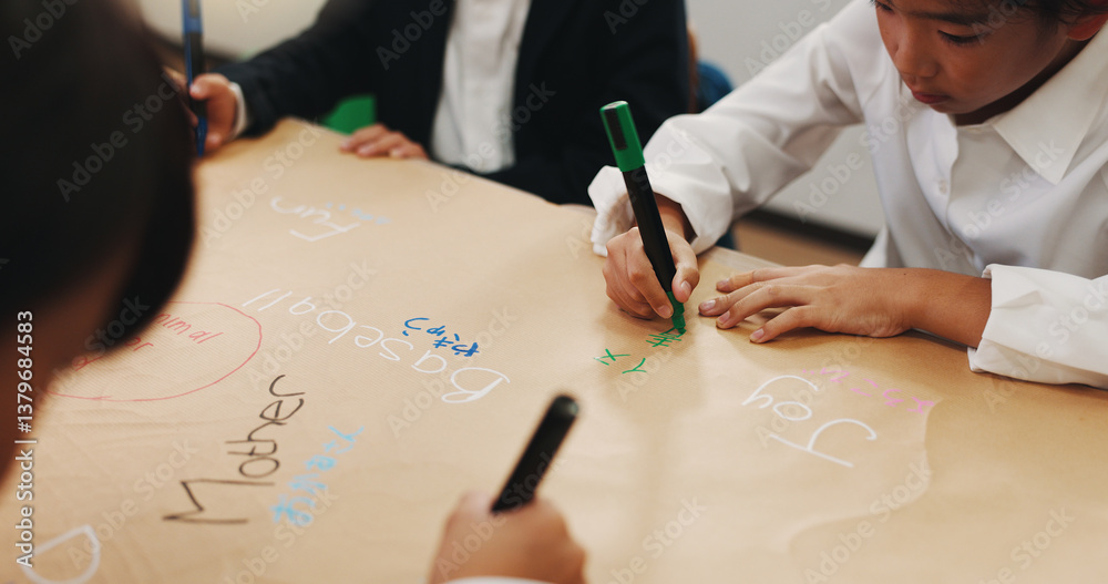 Closeup, kids and drawing in classroom, education and knowledge with ...