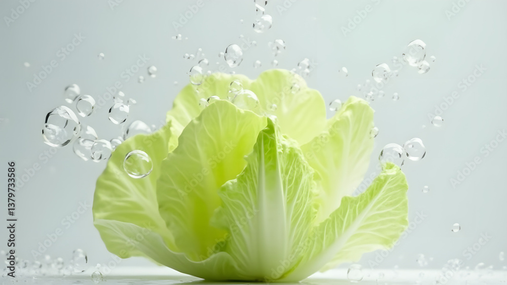 Lettuce leaf releases spiral bubble trails on impact. Gray backdrop ...