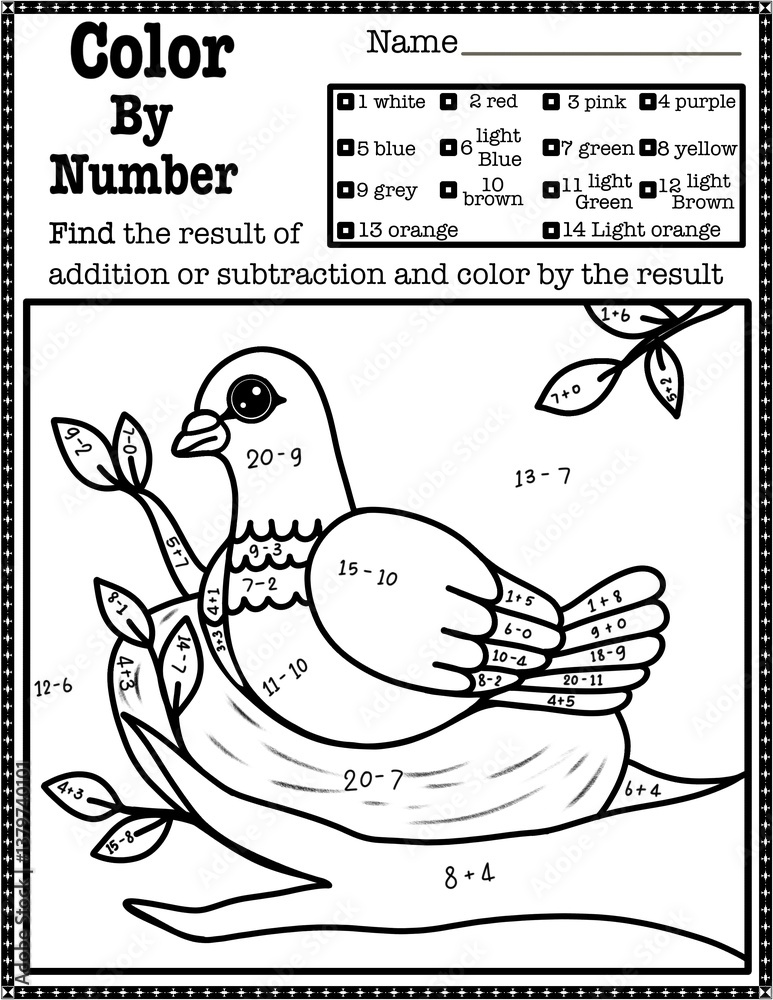 Color By Number from addition and subtraction within twenty with pigeon ...