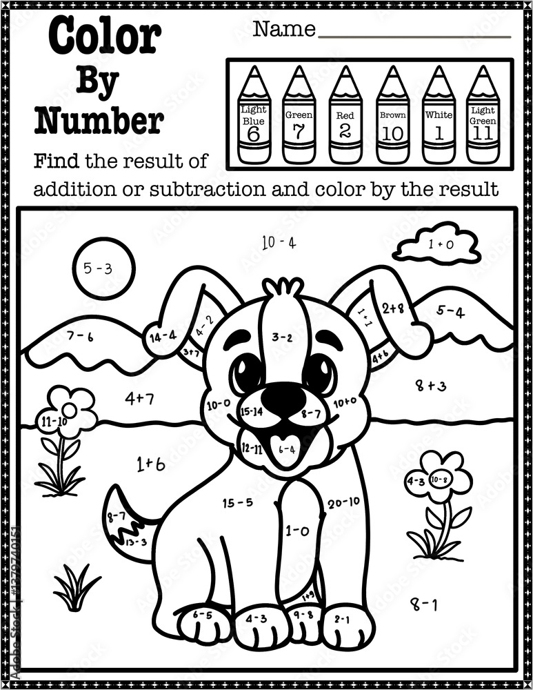 Color By Number from addition and subtraction within twenty with dog ...