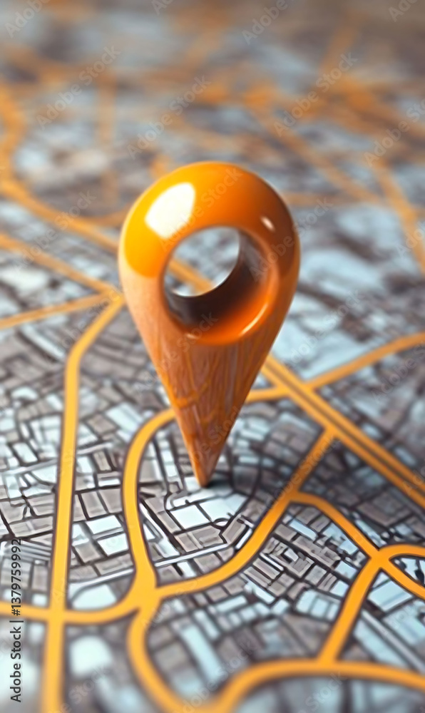 Foto de Stock Bright orange location pin marks spot on a detailed map ...
