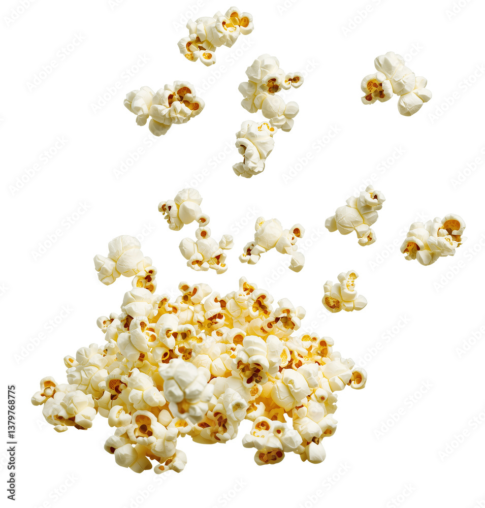 Floating Popped popcorn kernels isolated on transparent background ...
