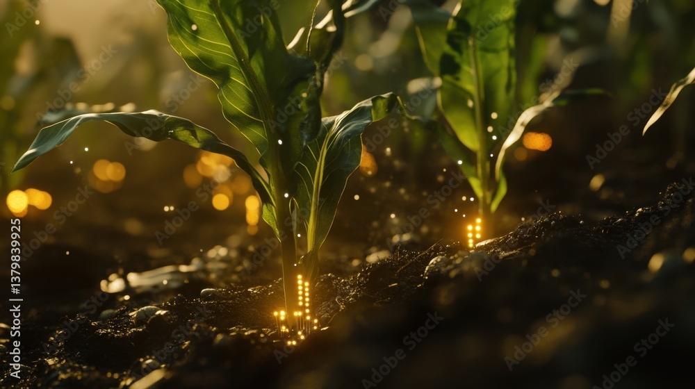 Maize seedlings emerging from dark soil with interactive digital icons ...