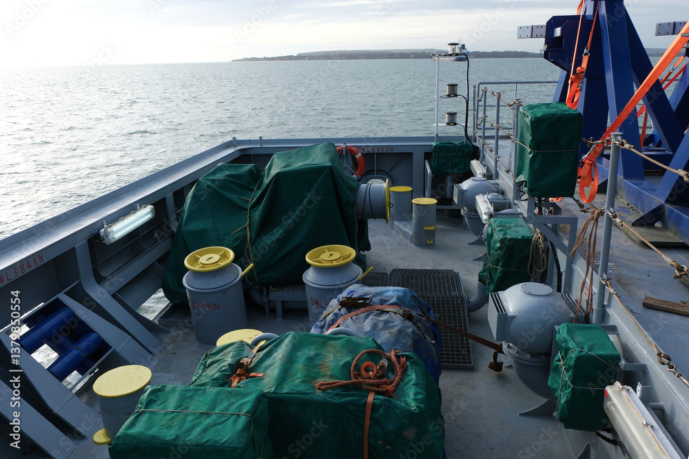 View on mooring winches in aft stern manoeuvring station with bollards ...