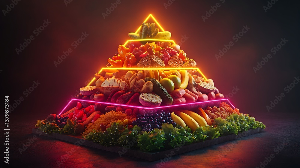 3D-rendered food pyramid made of actual foods, glowing info panels ...