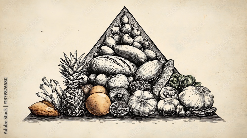 Engraving-style grayscale food pyramid, vintage textbook aesthetic with ...
