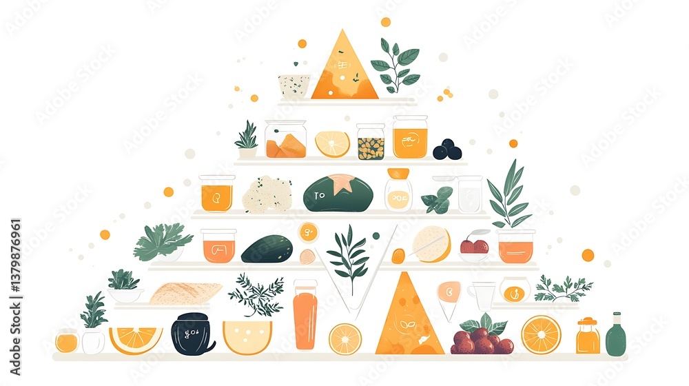 Flat modern infographic of Mediterranean diet food pyramid, each ...