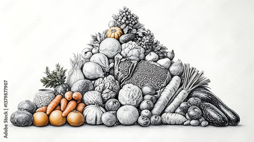 Hand-drawn food pyramid illustration in pencil sketch style, realistic ...